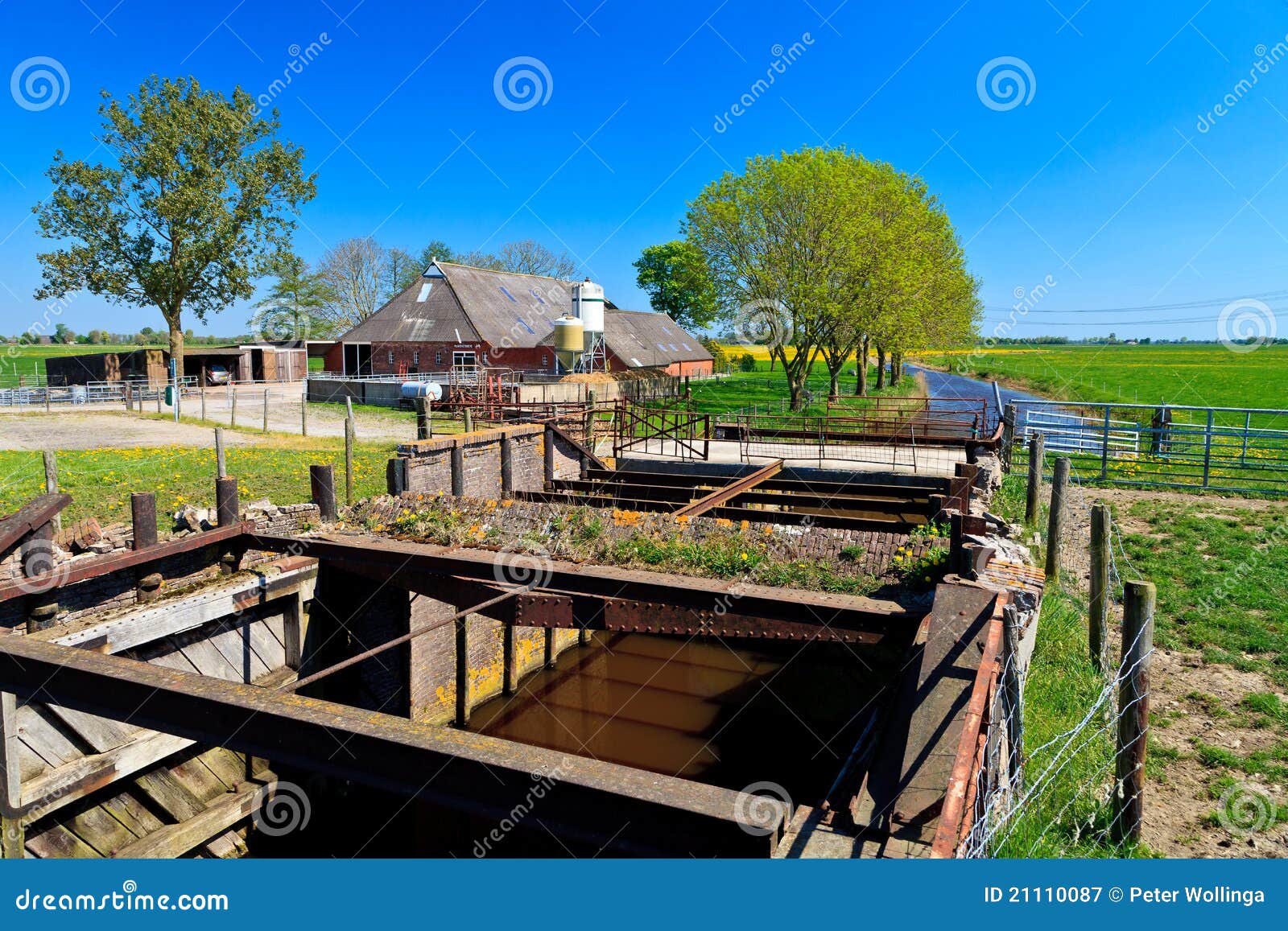 Farm with Stream in the Countryside Stock Image - Image of grassland ...