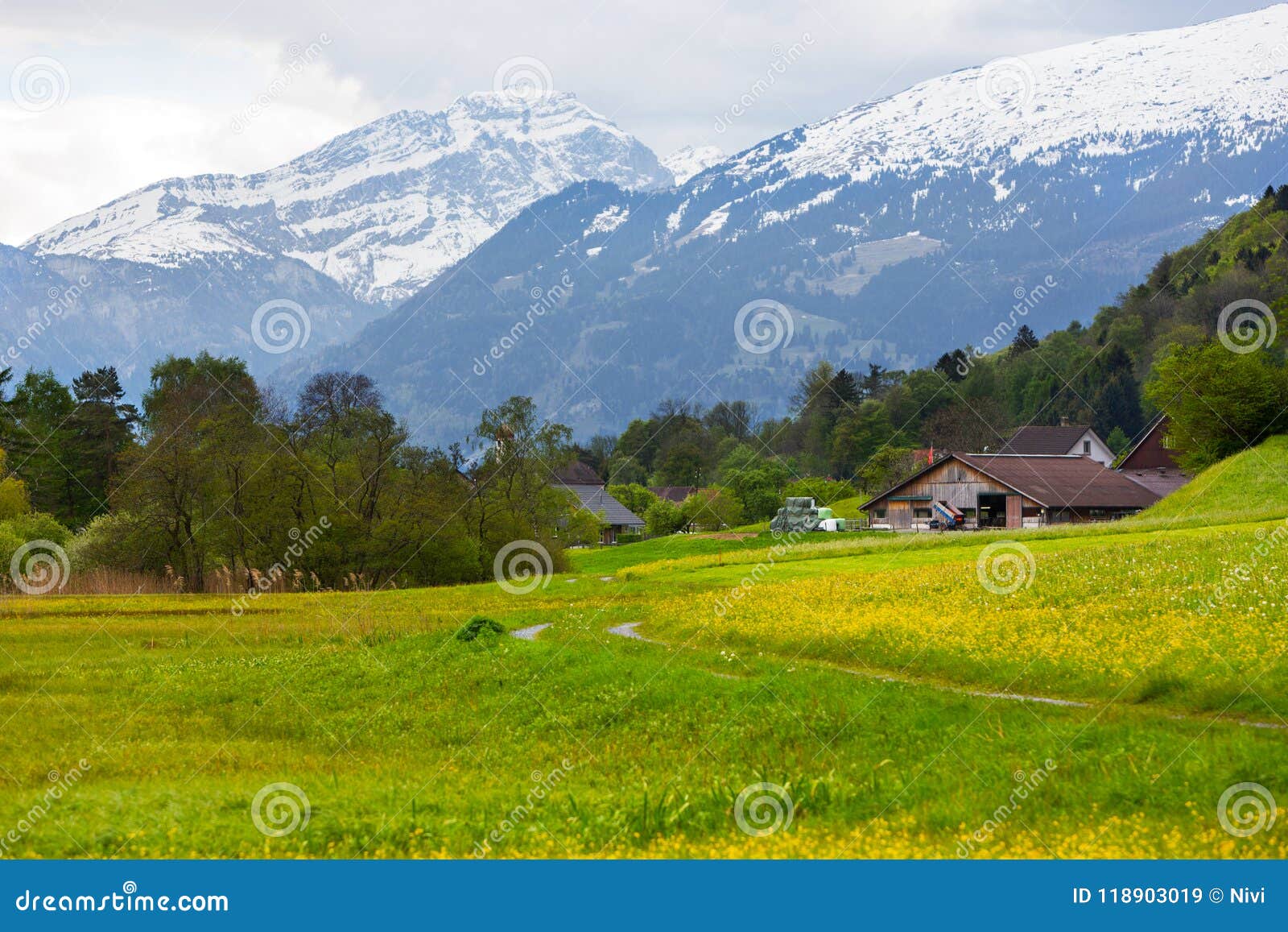 Farm at Springtime in Switzerland Stock Image - Image of forest, snow ...