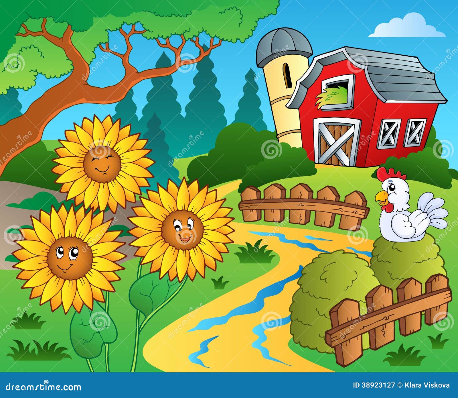 Farm theme with sunflowers stock vector. Illustration of fence - 38923127