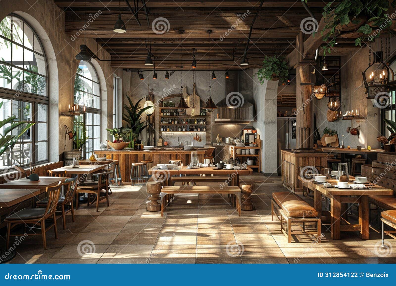 Farm-to-table Restaurant Interior with Rustic Decor and Open Kitchen ...