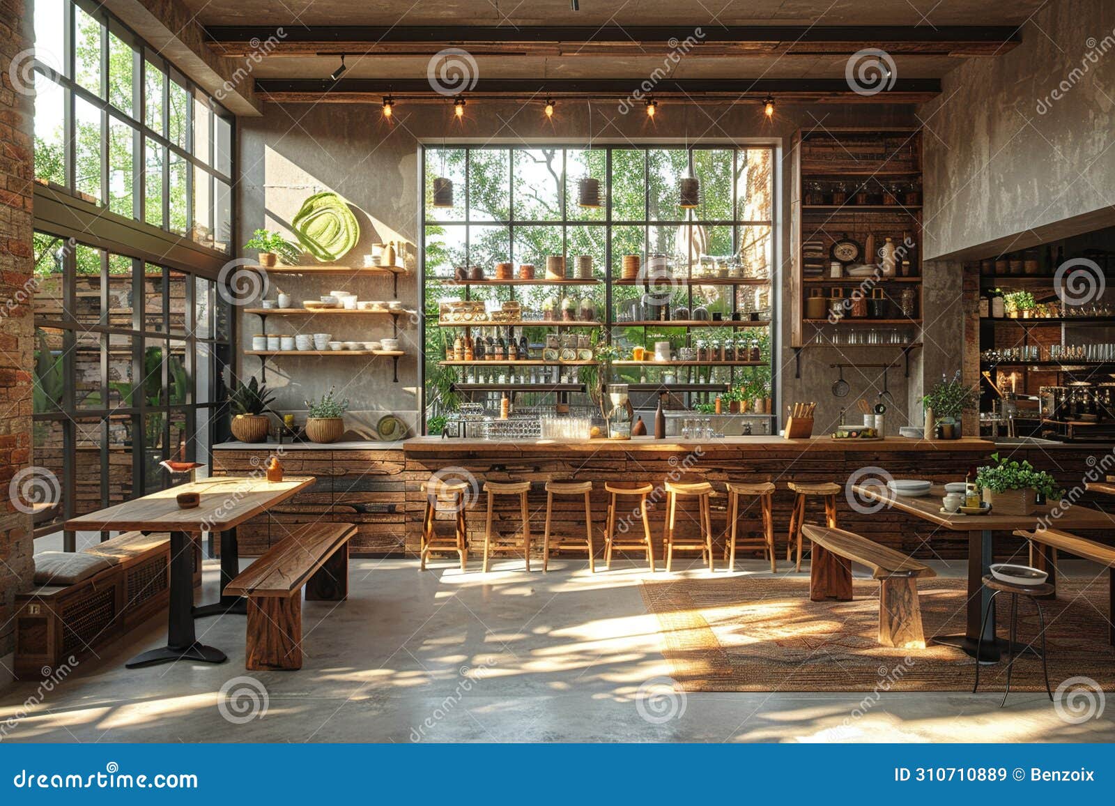 Farm-to-table Restaurant Interior with Rustic Decor and Open Kitchen3D ...