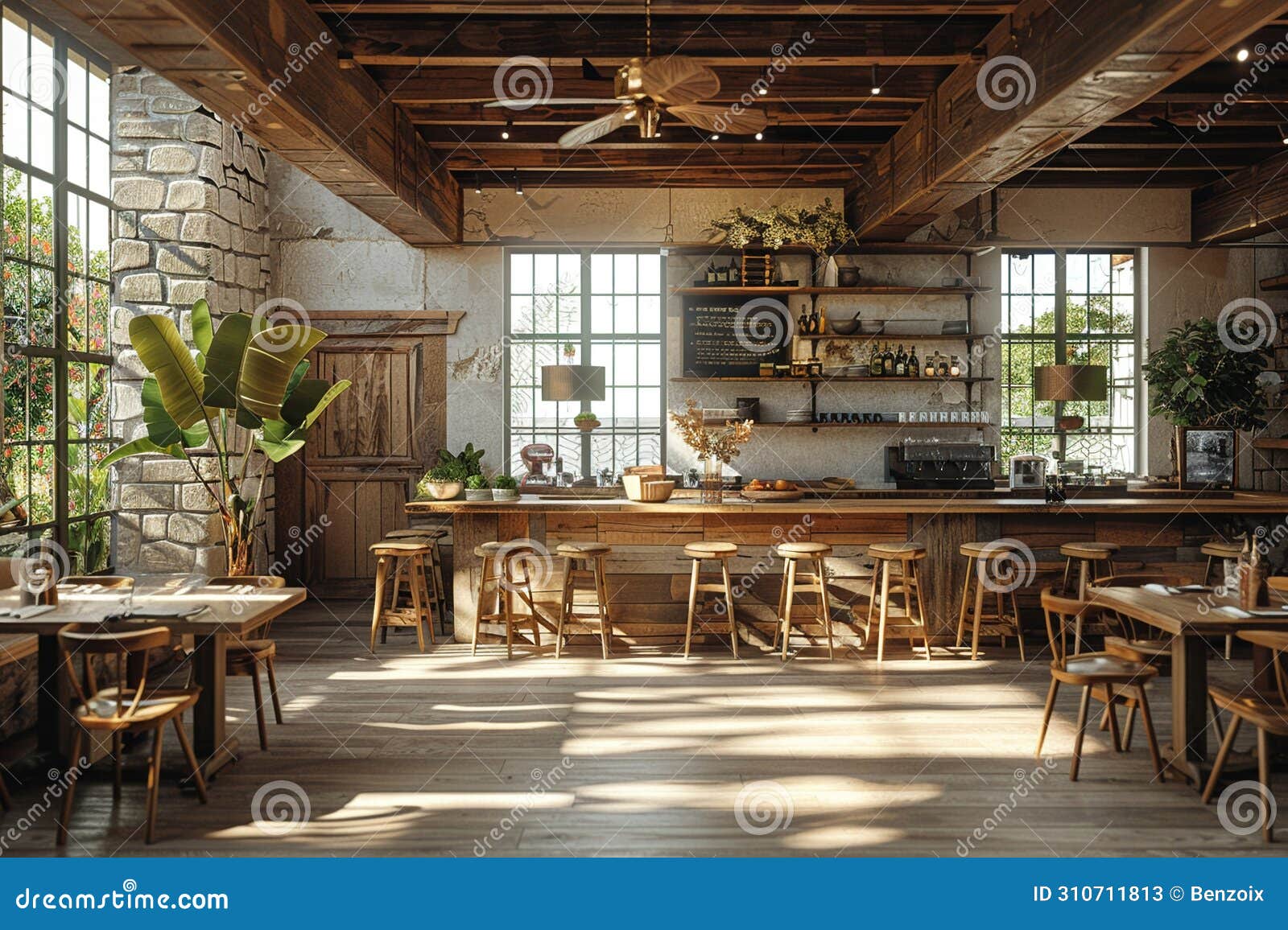 Farm-to-table Restaurant Interior with Rustic Decor and Open Kitchen3D ...
