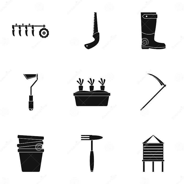Farm Tool Icon Set, Simple Style Stock Vector - Illustration of black ...