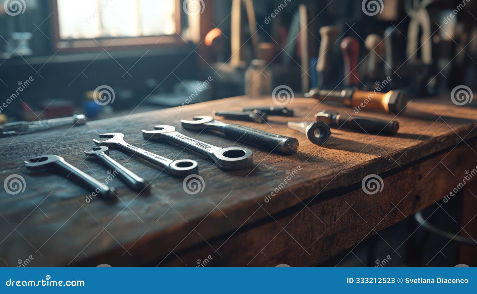 Farm Tools Arranged on a Wooden Workbench, Sharp Detail of Hammers and ...