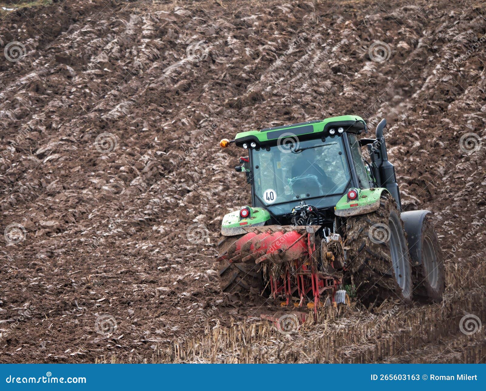 Farm Tractor Furrowing Arable Field Stock Image - Image of implement ...