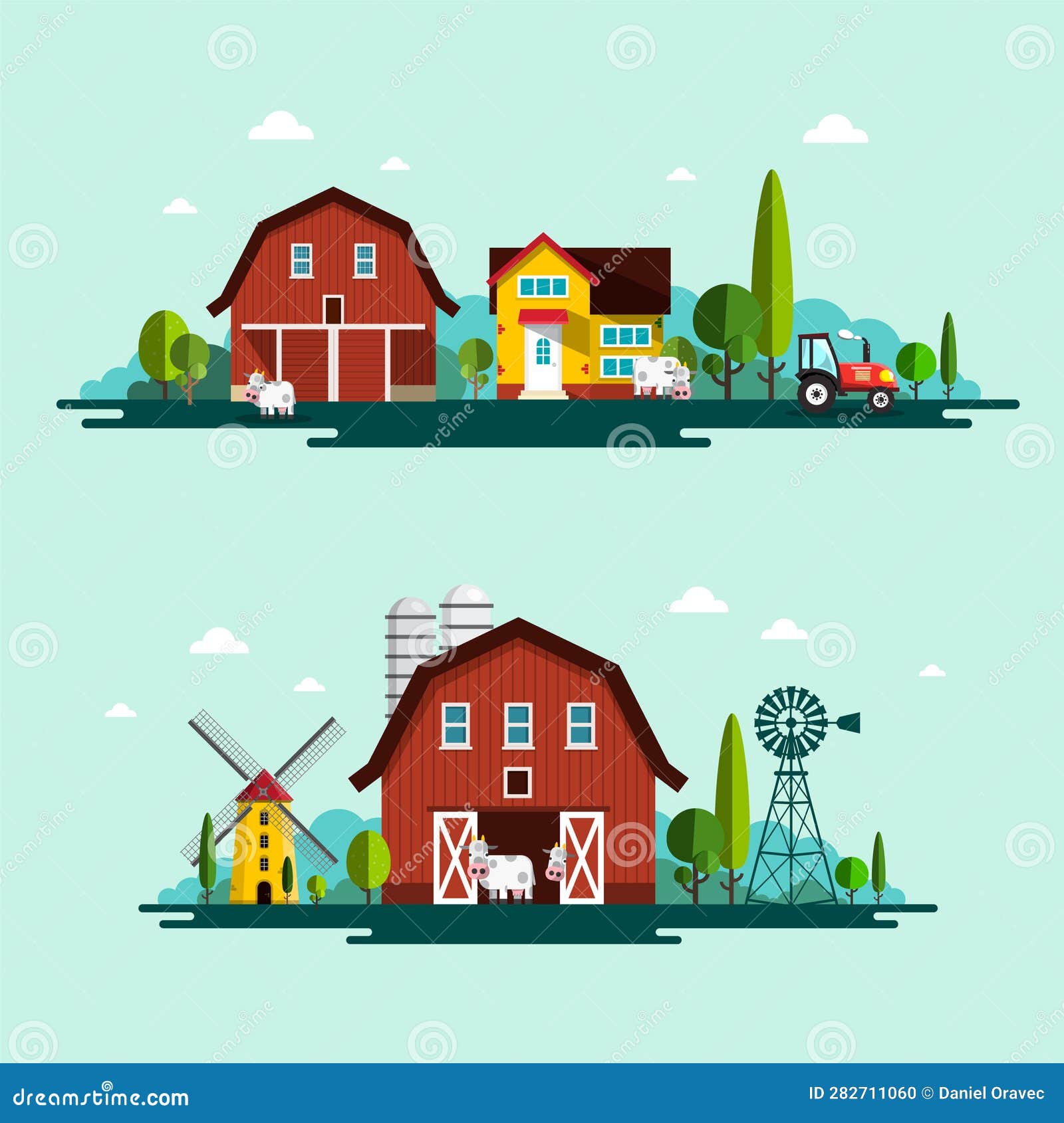 Windmills Barns Silo Cartoon Vector Set. Stone Wooden Farmhouses Medieval Rural Countryside ...
