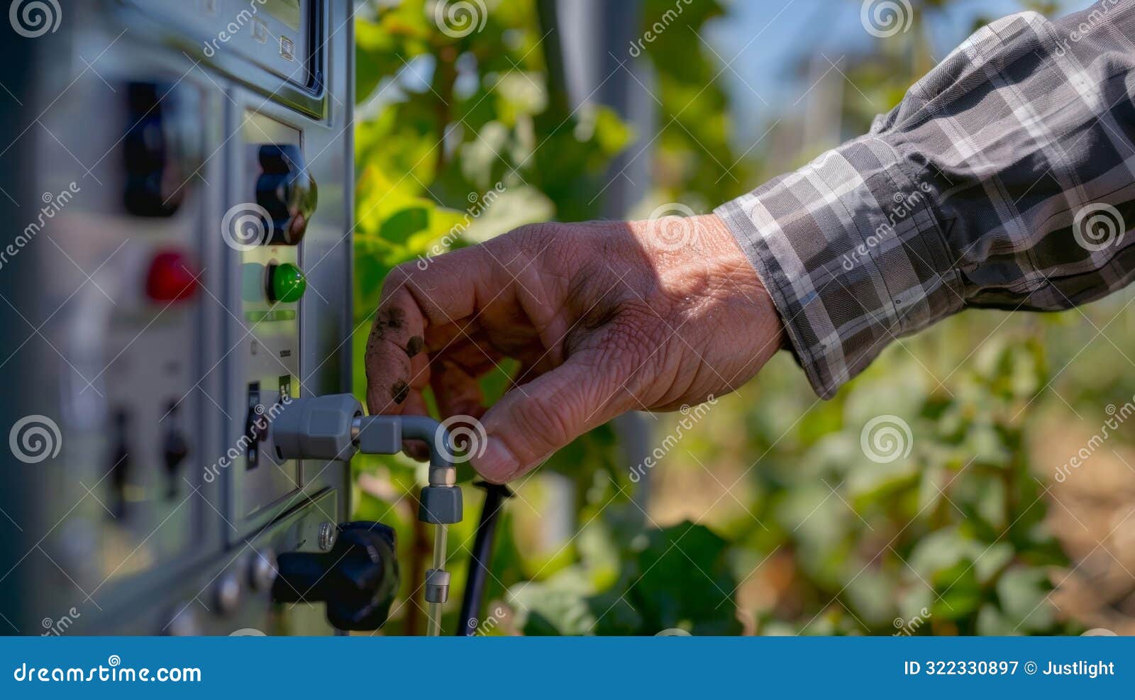 A Farmer Adjusting the Settings on a Solarpowered Irrigation Control ...
