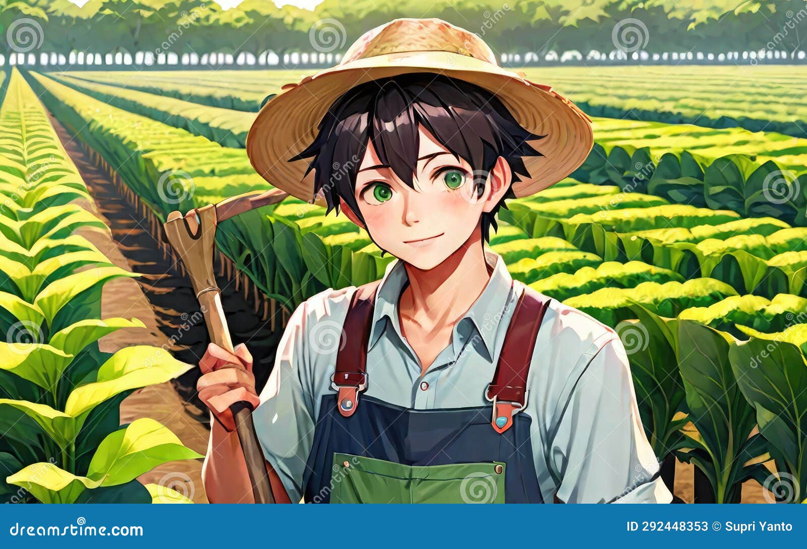 Farmer Anime a Young Boy in Activity in the Field with Plants in the ...
