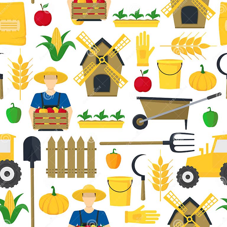 Farmer Background Pattern Farming Elements and Equipment. Vector Stock ...