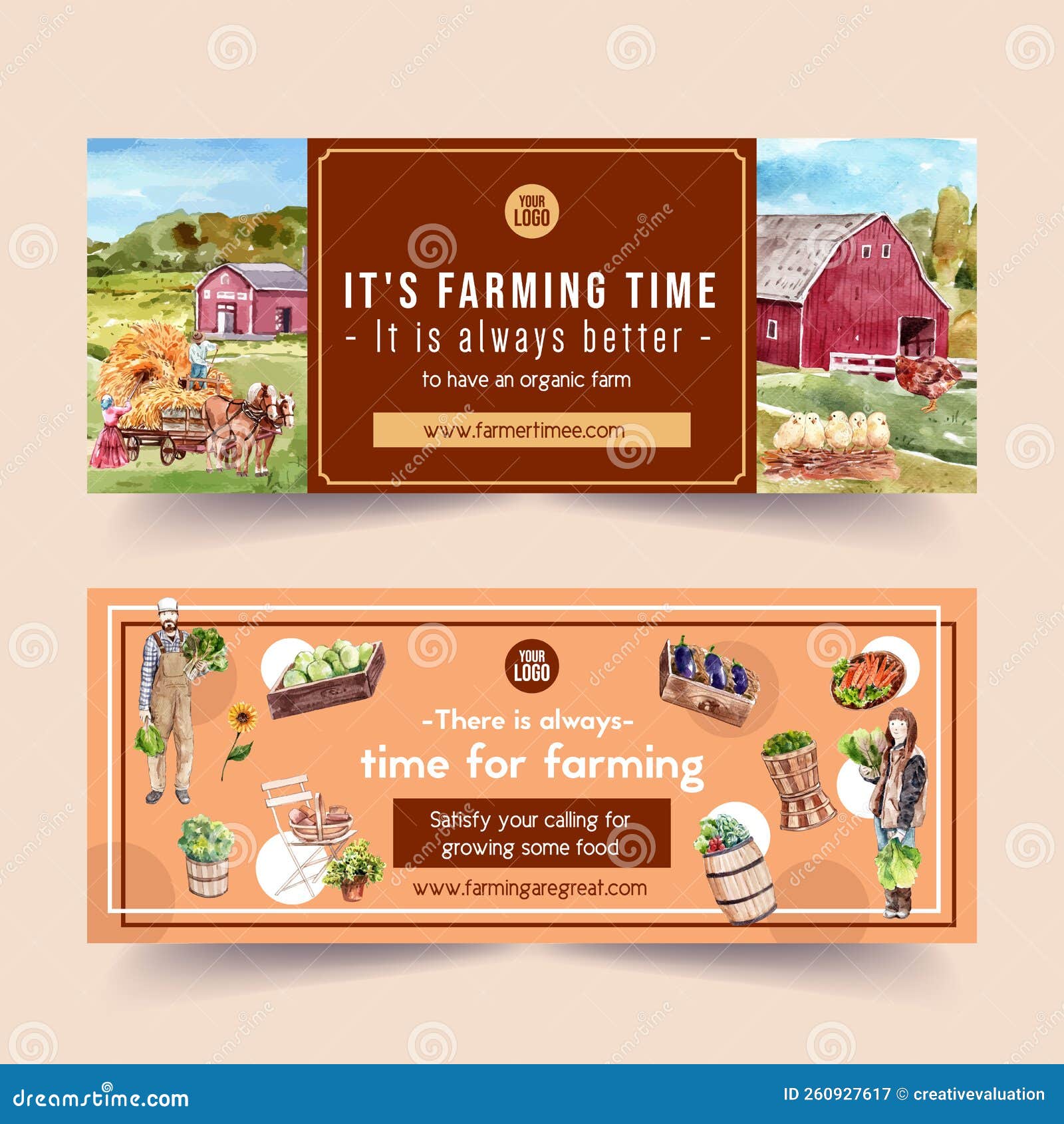 Farmer Banner Design with Chicken, Haystack Watercolor Illustration ...