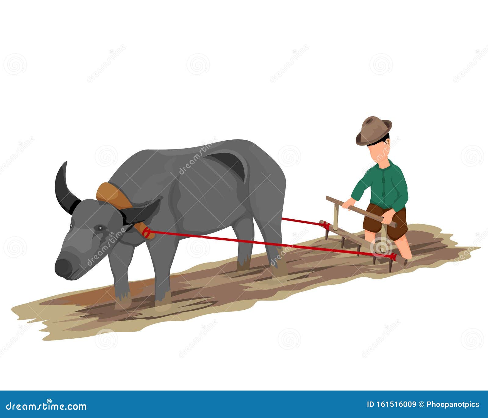 Farmer and Buffalo Harrowing Stock Vector - Illustration of paddy ...