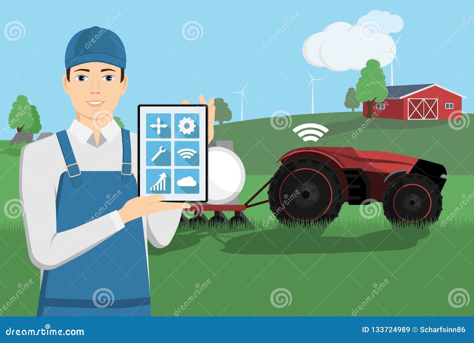 Farmer Controls a Autonomous Tractor Stock Vector - Illustration of ...