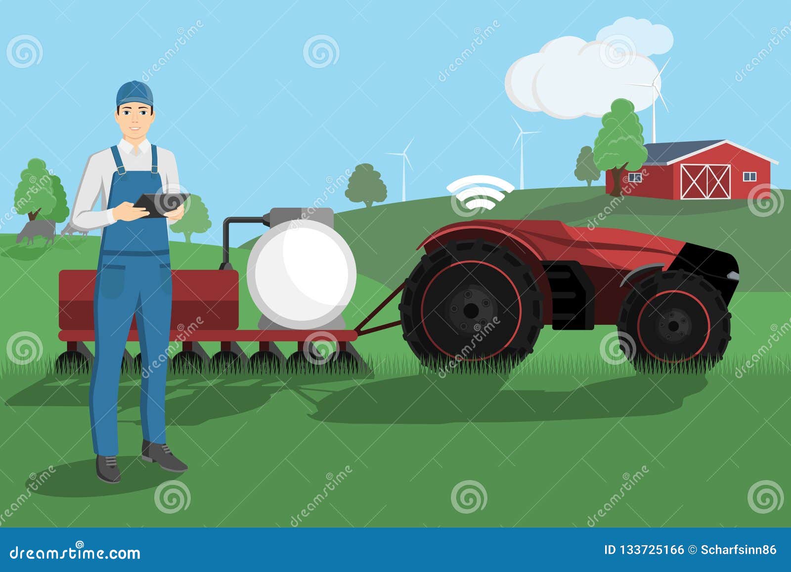 Farmer Controls a Autonomous Tractor Stock Vector - Illustration of ...
