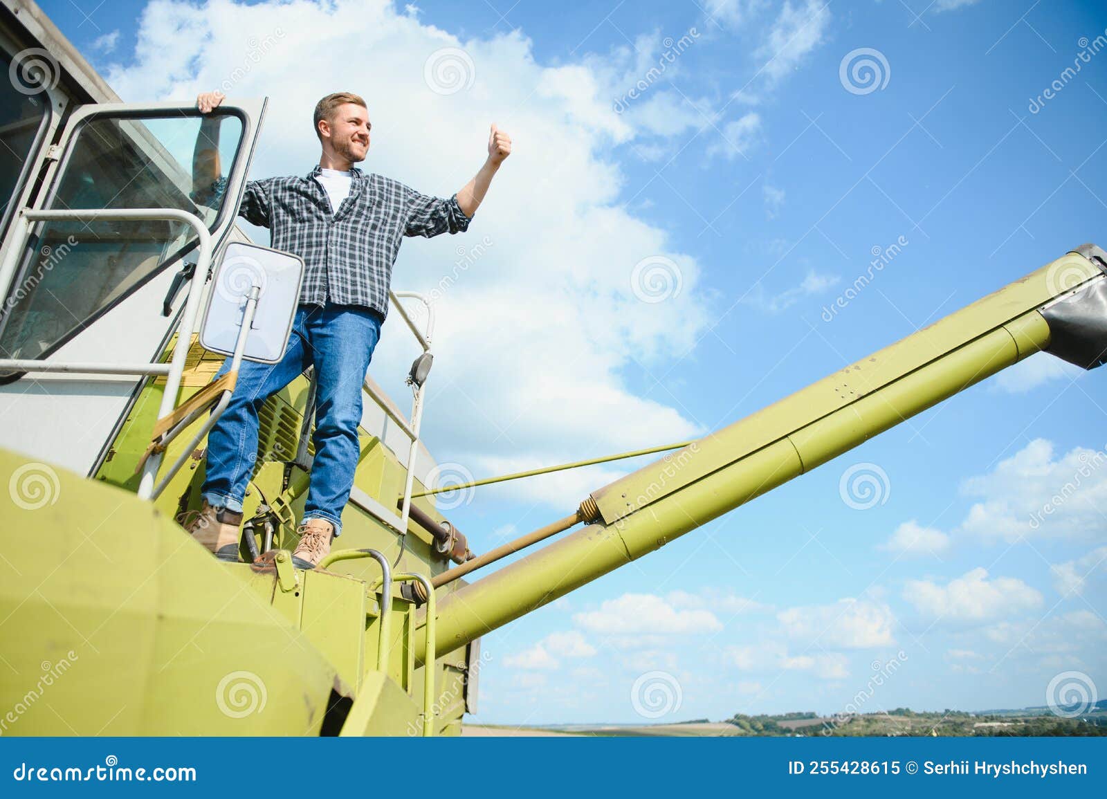 Farmer Controls the Combine Harvester. Stock Image - Image of harvester ...