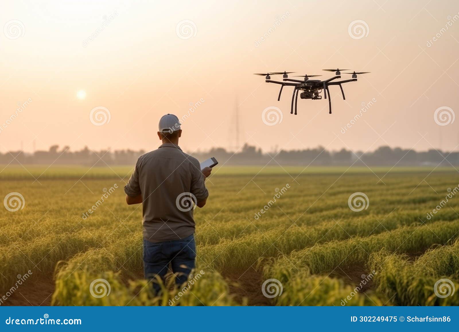 Farmer Controls Drone with a Tablet. Smart Farming and Precision ...