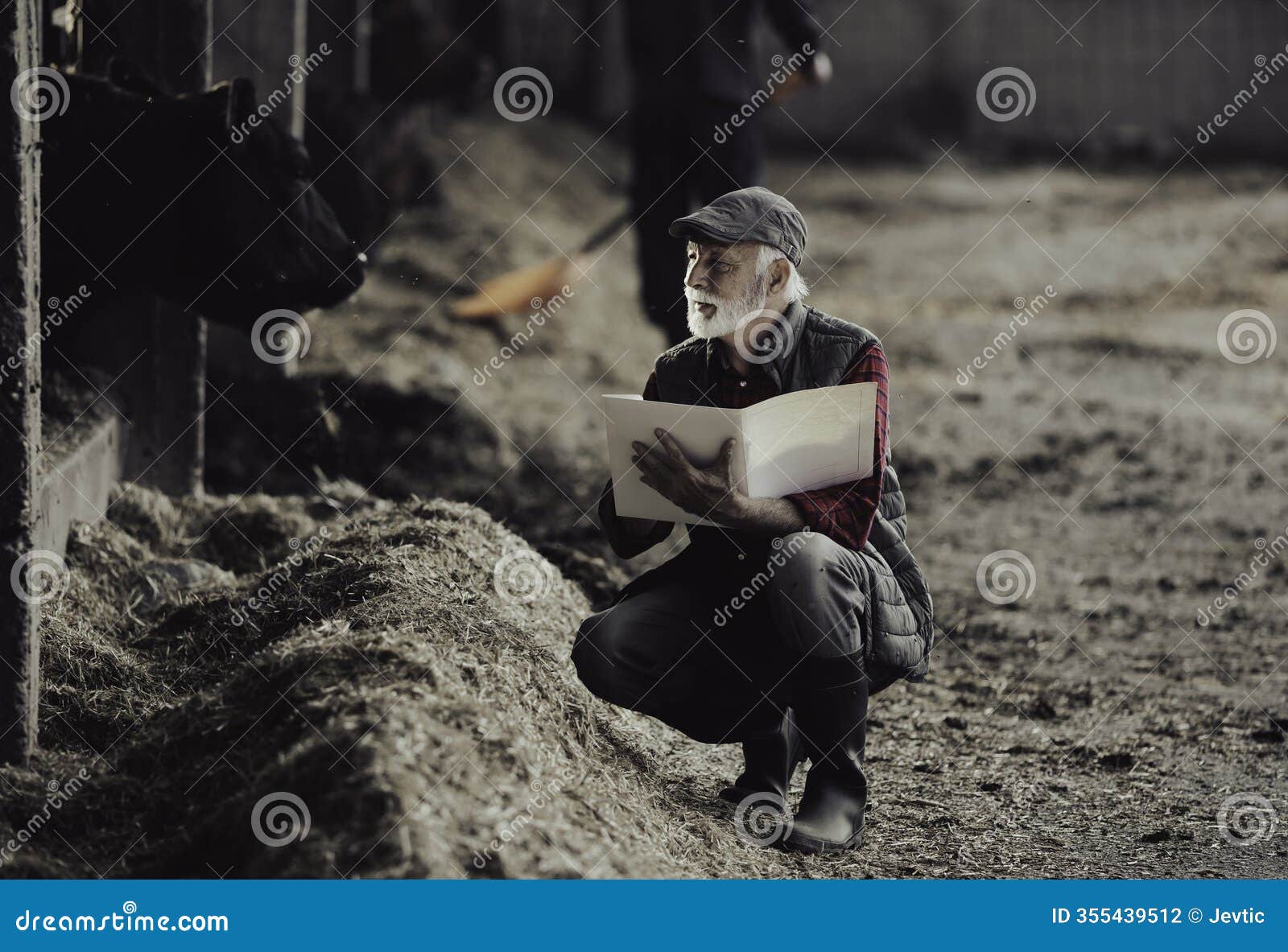 Farmer Crouching and Writing Notes in Front of Cow on Ranch Stock Photo ...