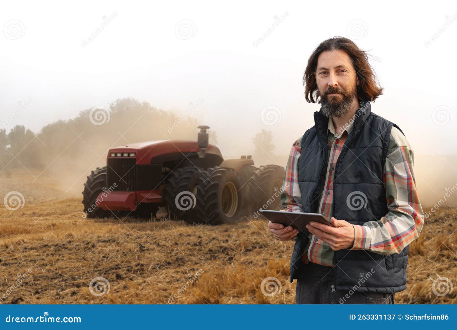 Farmer with Digital Tablet Controls an Autonomous Tractor Stock Image ...
