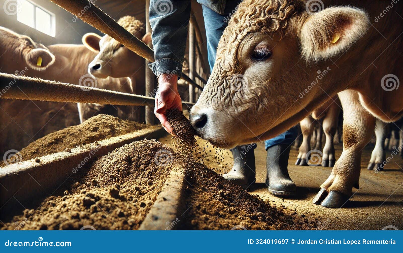 Farmer Feeding Cows in Barn with Detailed Fur and Feed Stock ...
