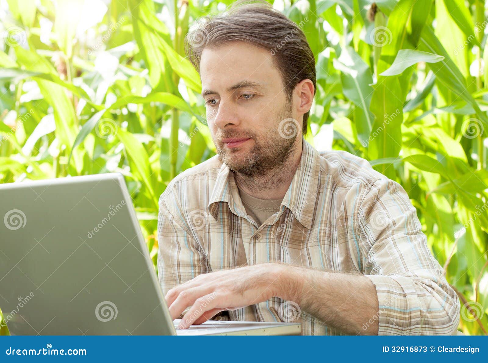 Farmer in Front of Corn Field Working on Laptop Computer Stock Image ...