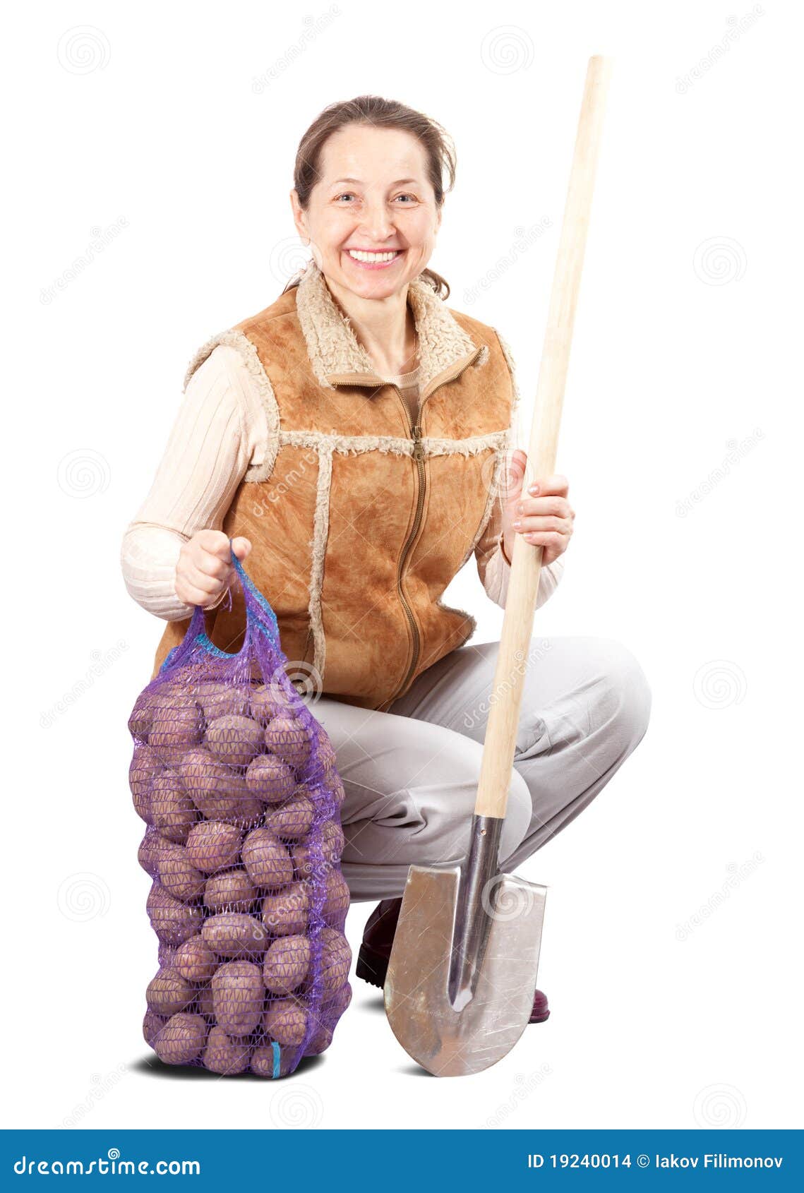 Farmer with Harvested Potatoes and Spade Stock Photo - Image of sitting ...