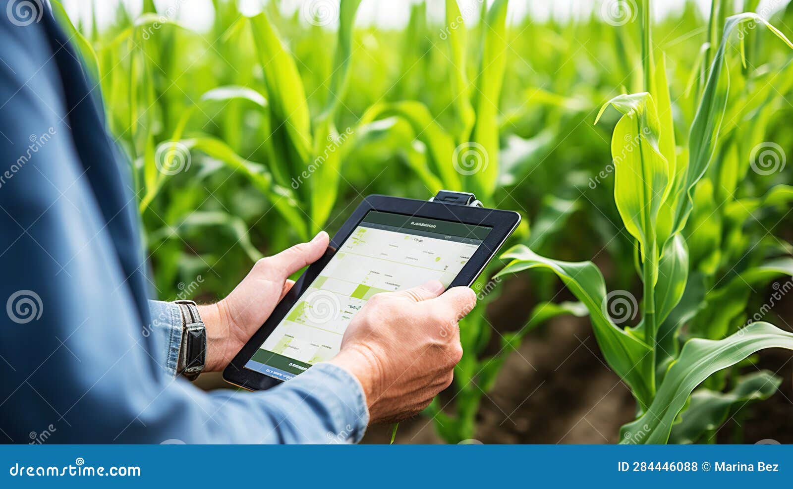 Farmer Holding a Tablet in Front of Corn Field. Smart Digital Farming ...
