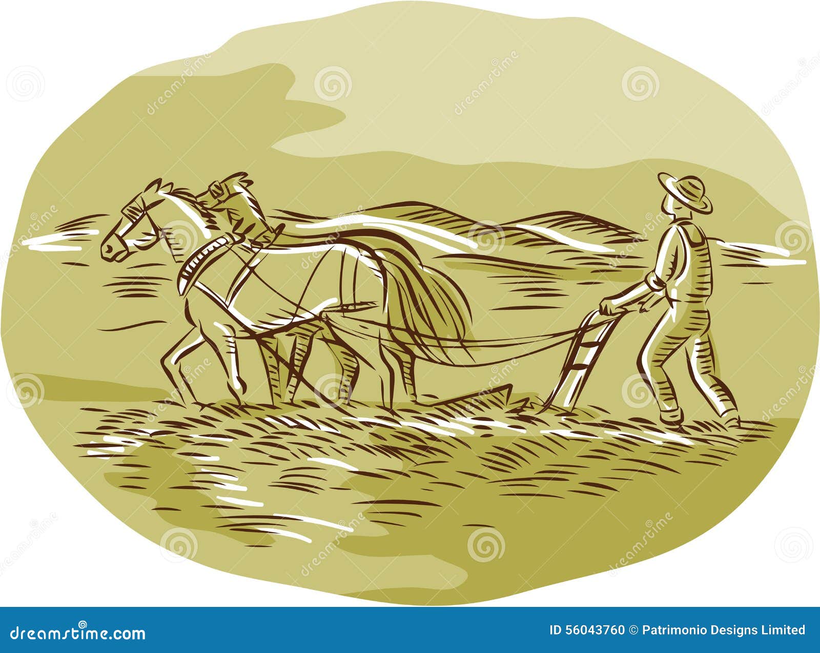 Farmer and Horses Plowing Field Oval Etching Stock Illustration ...