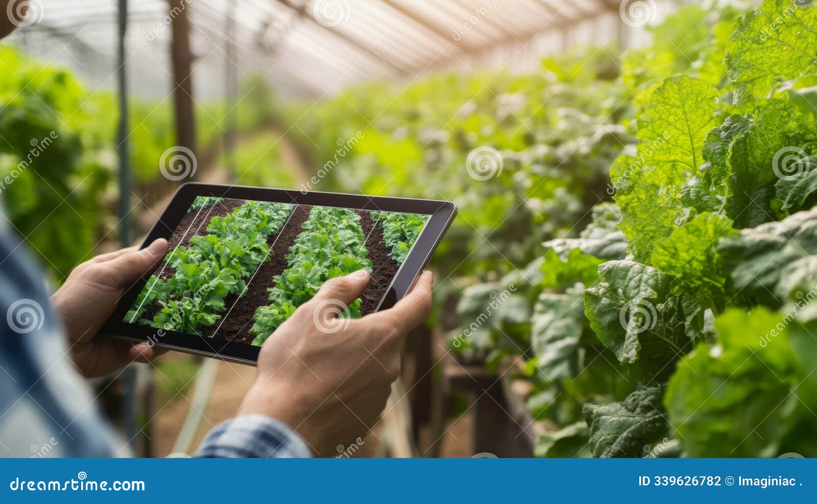 Farmer Inspecting Crops on Tablet in Greenhouse Stock Illustration ...