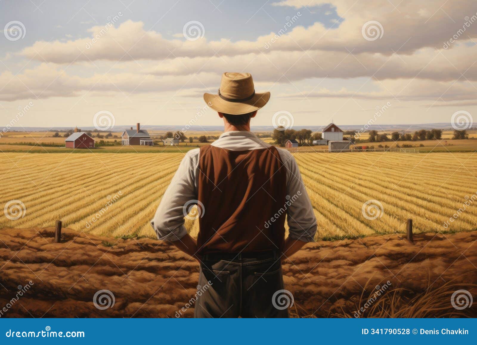 Farmer Looking Over His Farm Field. Back View Stock Photo - Image of ...