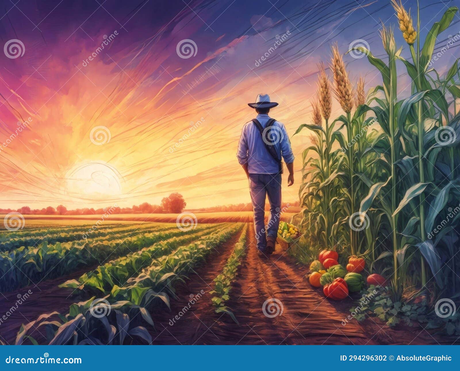 A Farmer is Looking Over His Farm Field at the Sunset Stock ...