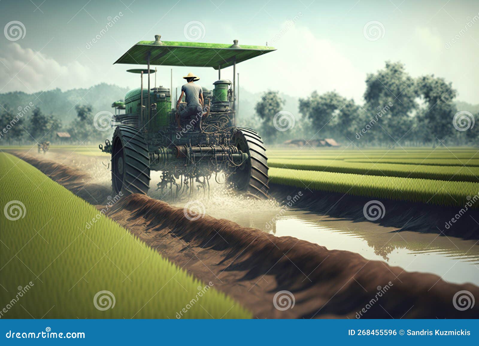 Farmer Plowing Green Growing Rice Field. Generative AI Stock ...