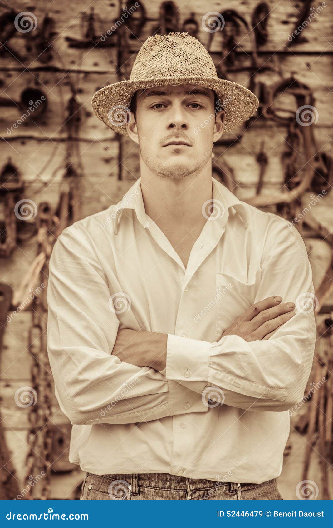 Farmer Portrait in Front of a Wall Full of Tools Stock Image - Image of ...