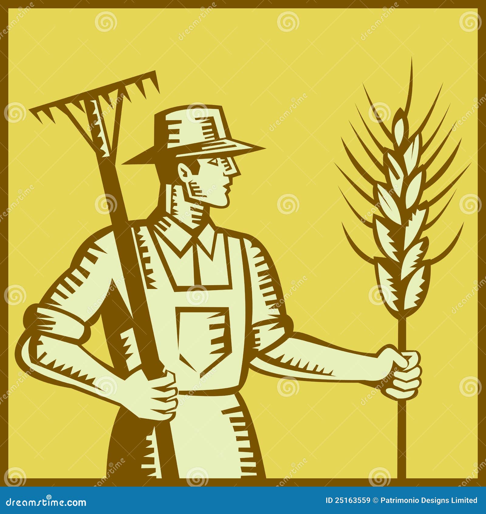 Farmer with Rake and Wheat Woodcut Stock Vector - Illustration of rake ...