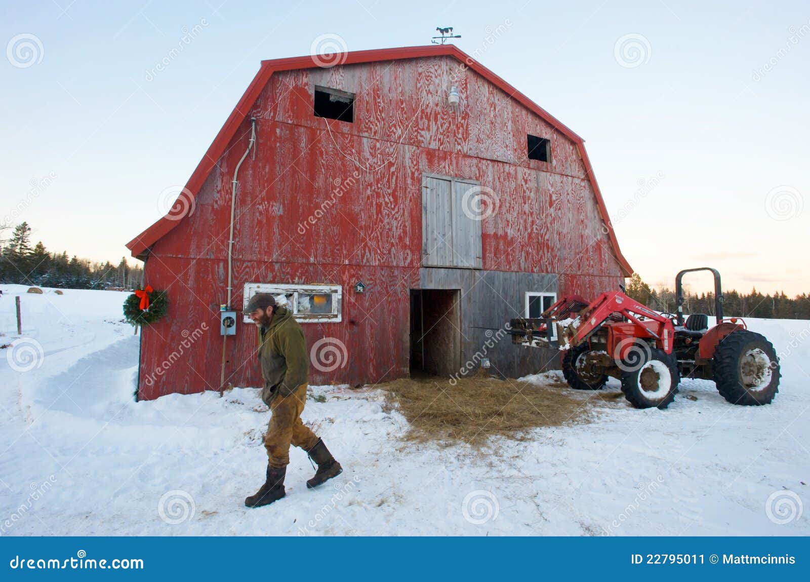 Farmer, Red Barn, and Red Tractor Editorial Photo - Image of close ...