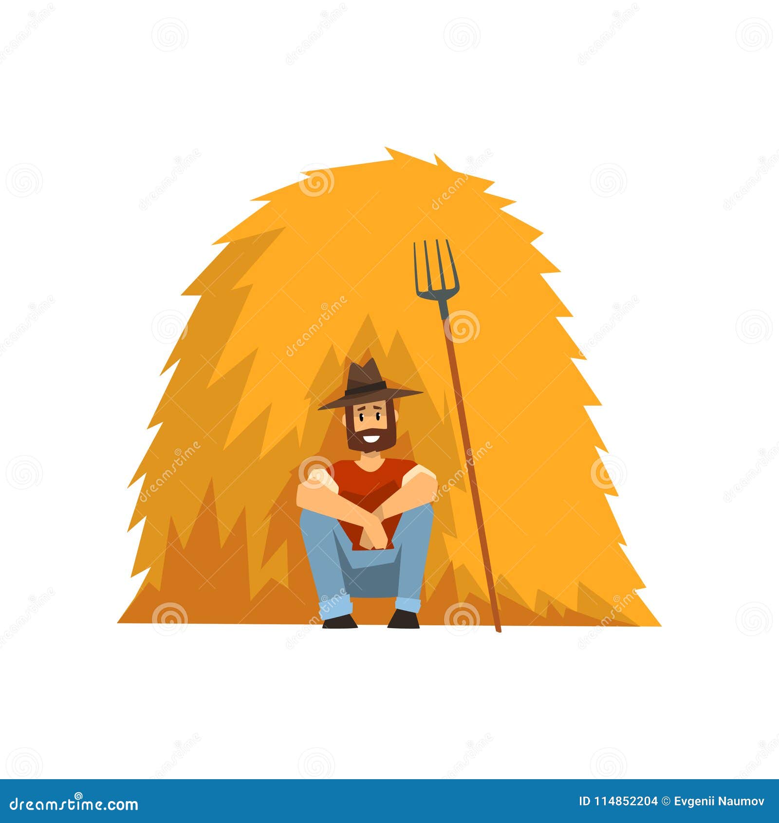 Farmer Resting Sitting By The Haystack Vector Illustration On A White ...