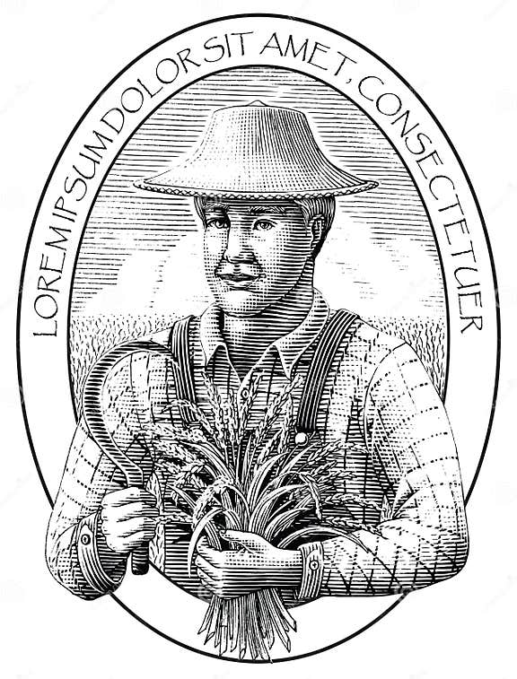 Farmer With Rice Hand Draw Vintage Engraving Style Black And White Clip Art Stock Vector