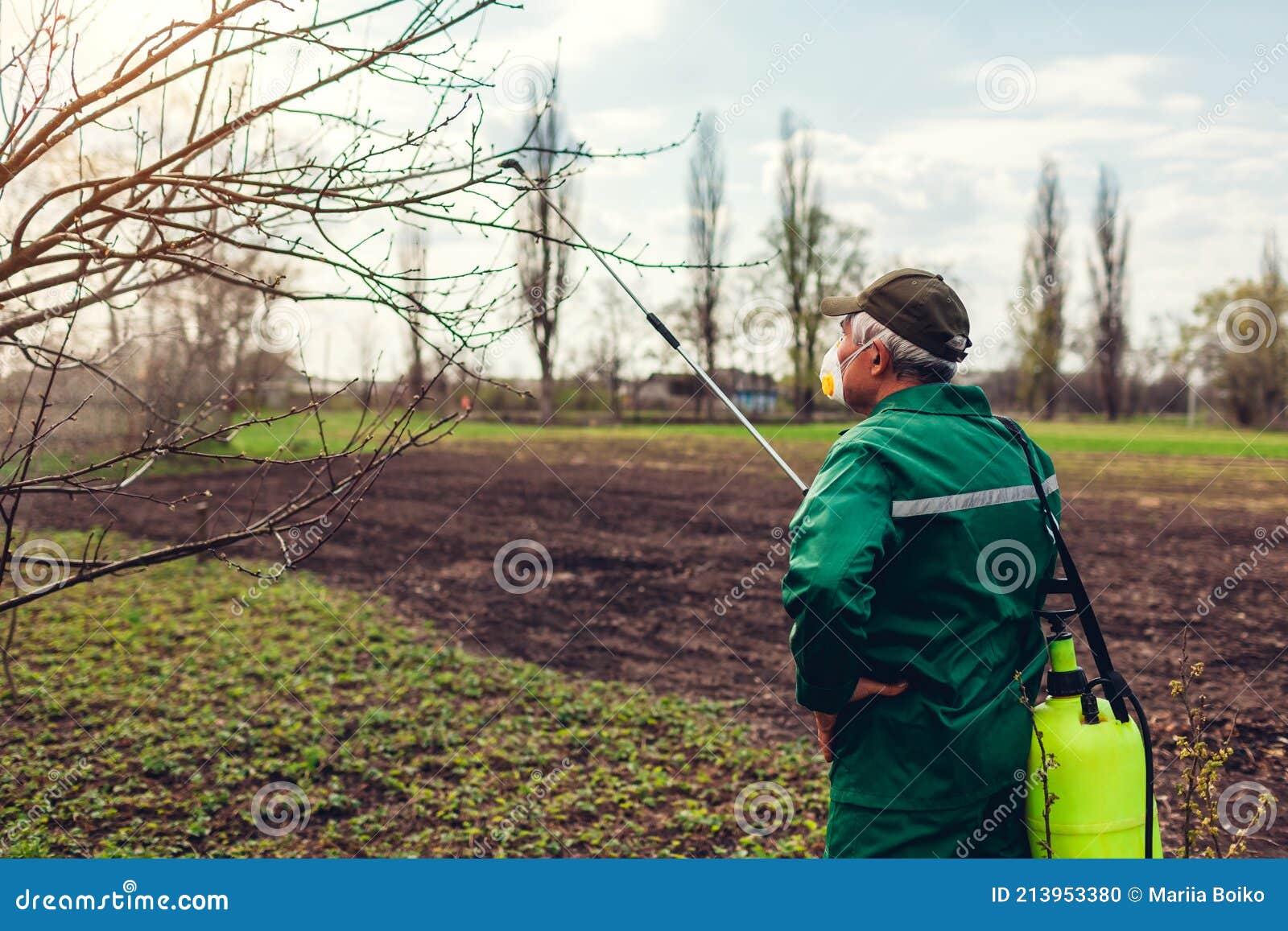 Farmer Spraying Tree With Manual Pesticide Sprayer Against Insects In