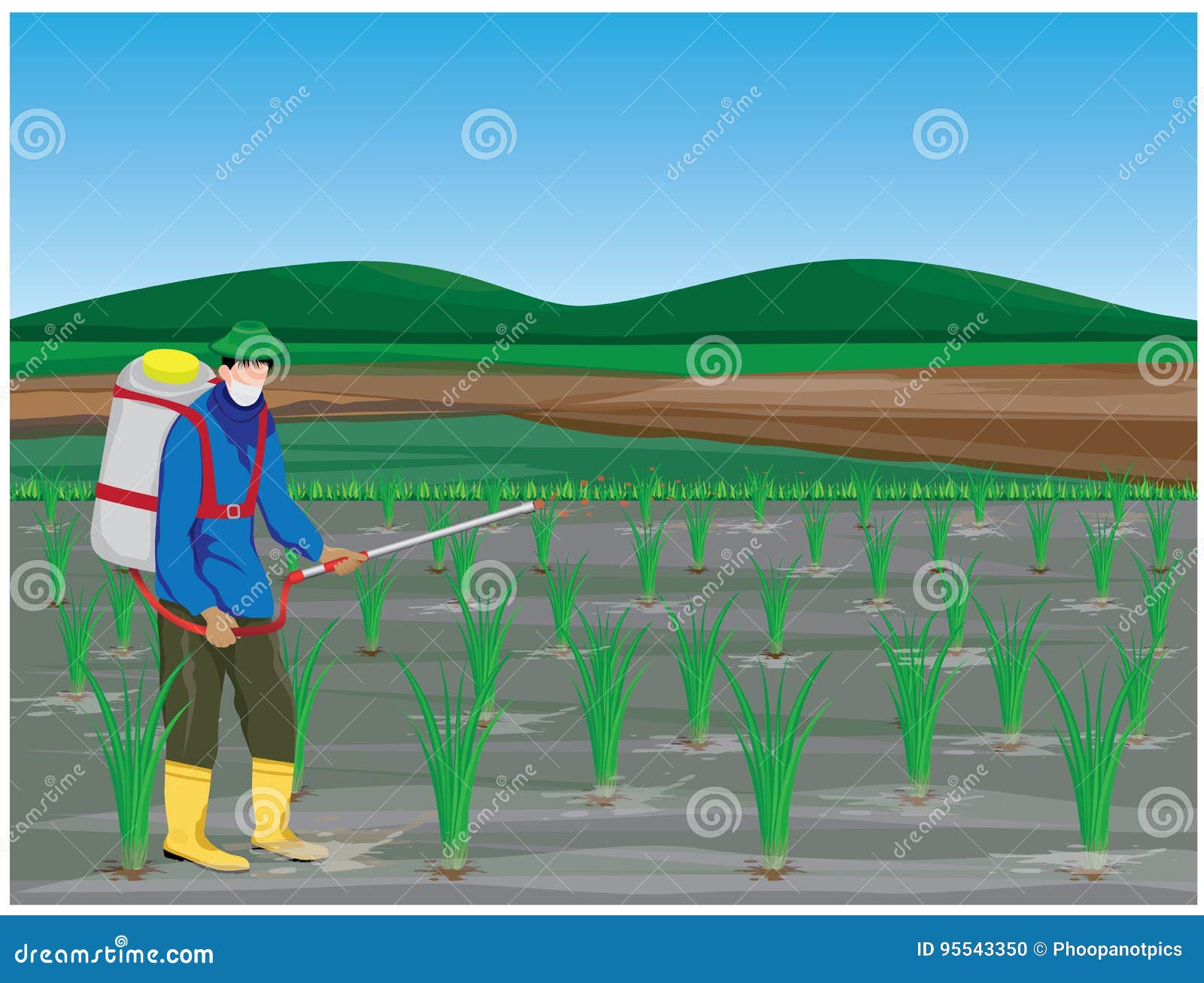 Farmer sprays rice plant stock vector. Illustration of tree - 95543350