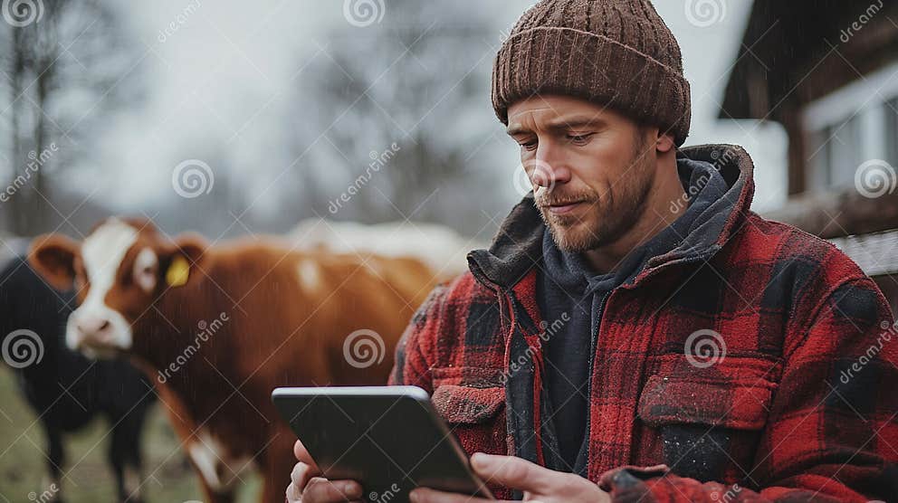 Farmer with Tablet Computer Checking Cows Stock Illustration ...