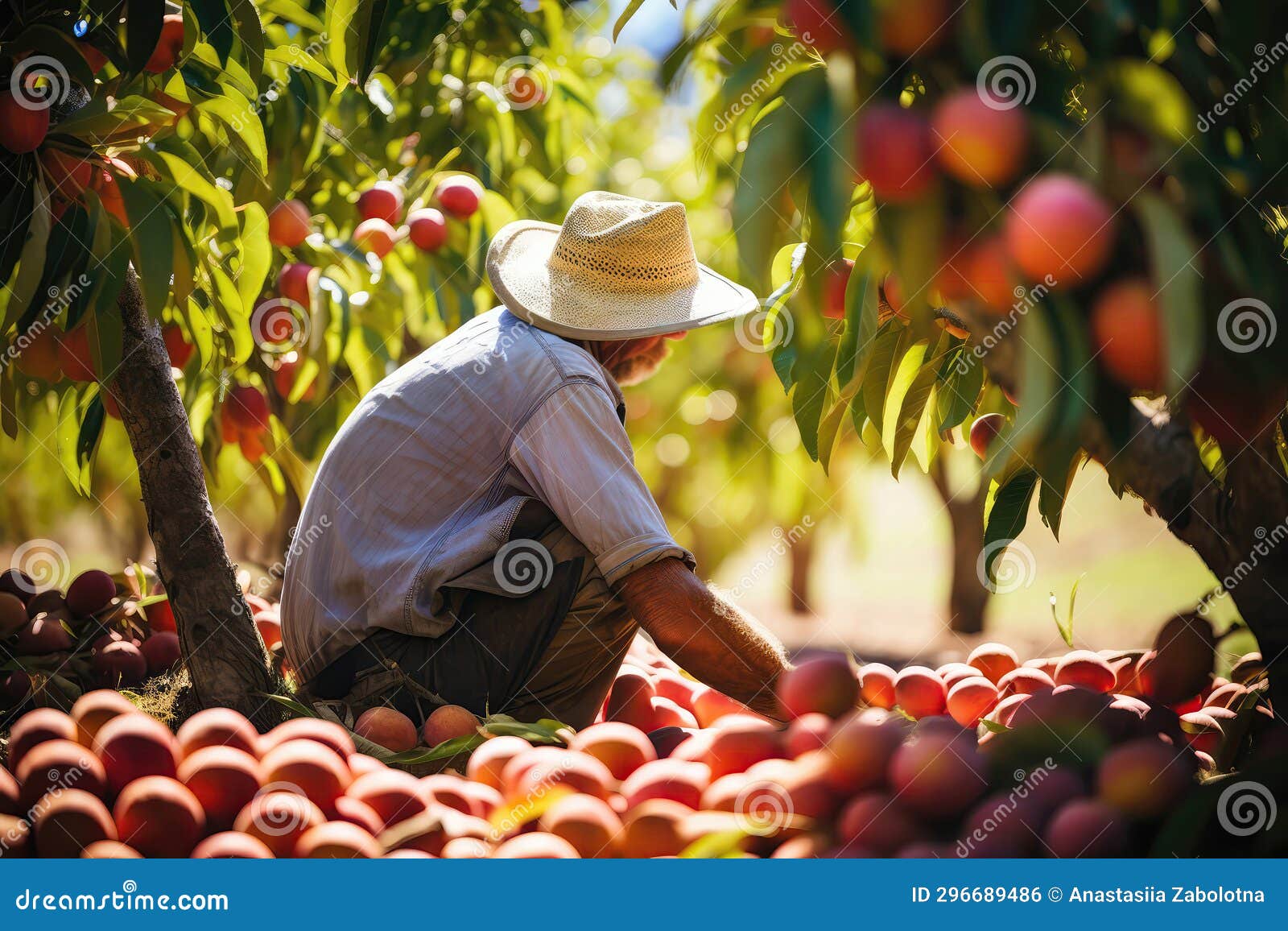 Farmer Tending To Vibrant Orchard of Fruit Trees. Generative AI Stock ...