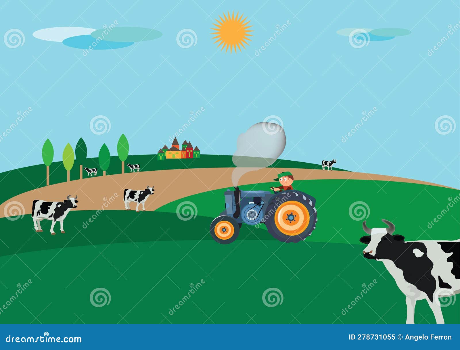 Farmer on Tractor in the Countryside with Cattle- Stock Vector ...