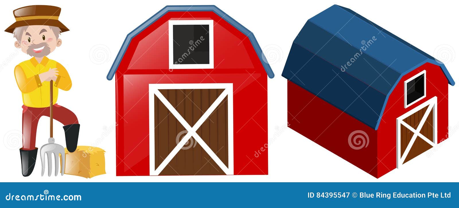 Farmer and two red barns stock illustration. Illustration of collection ...