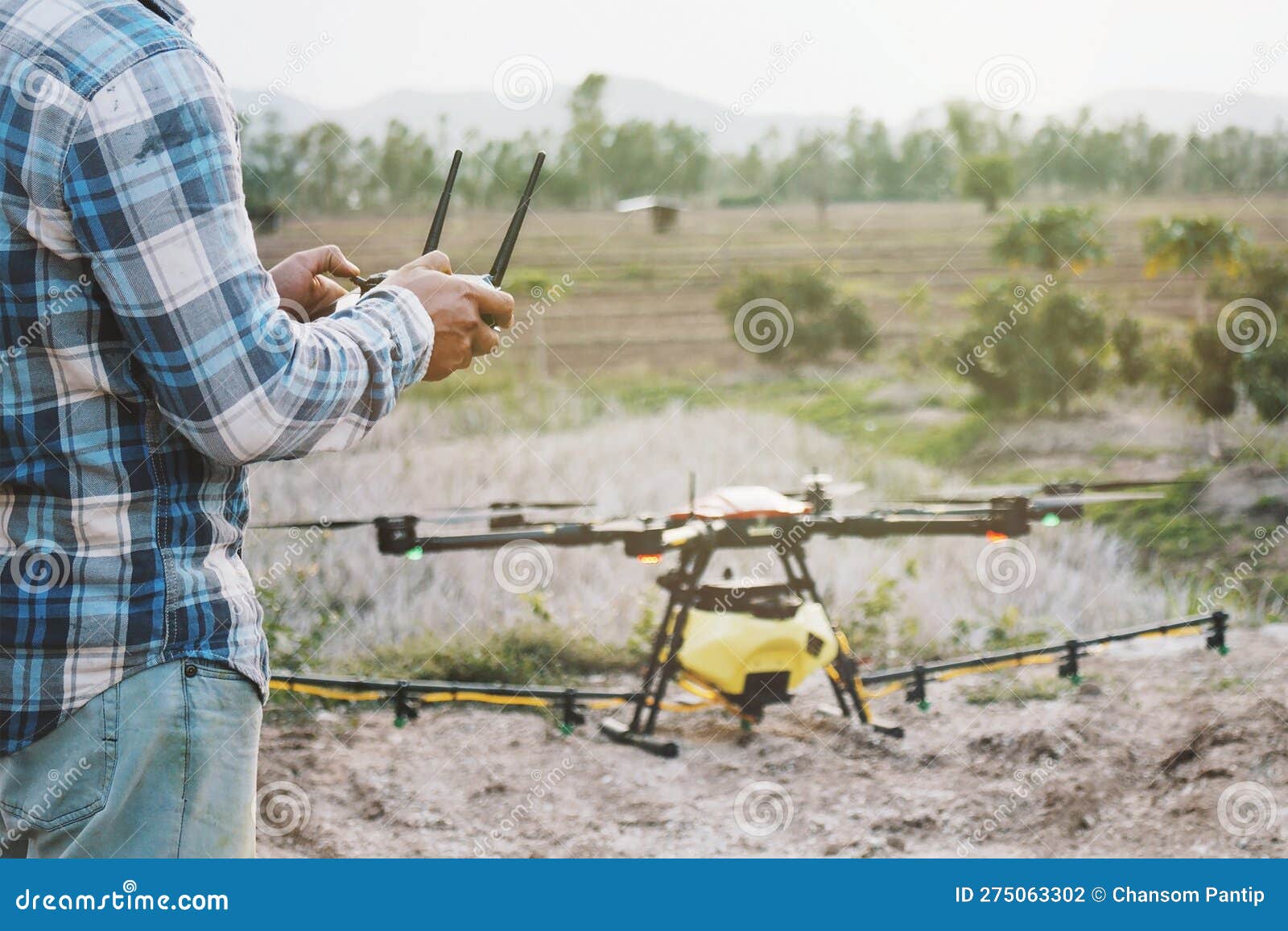 Farmer Using Drone Controller or Drone Transmitter a Remote Control for ...