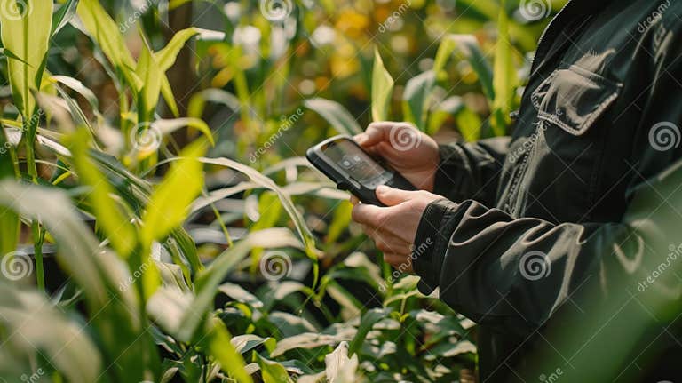 A Farmer Using a Handheld Device To Scan Plants and Analyze Their ...