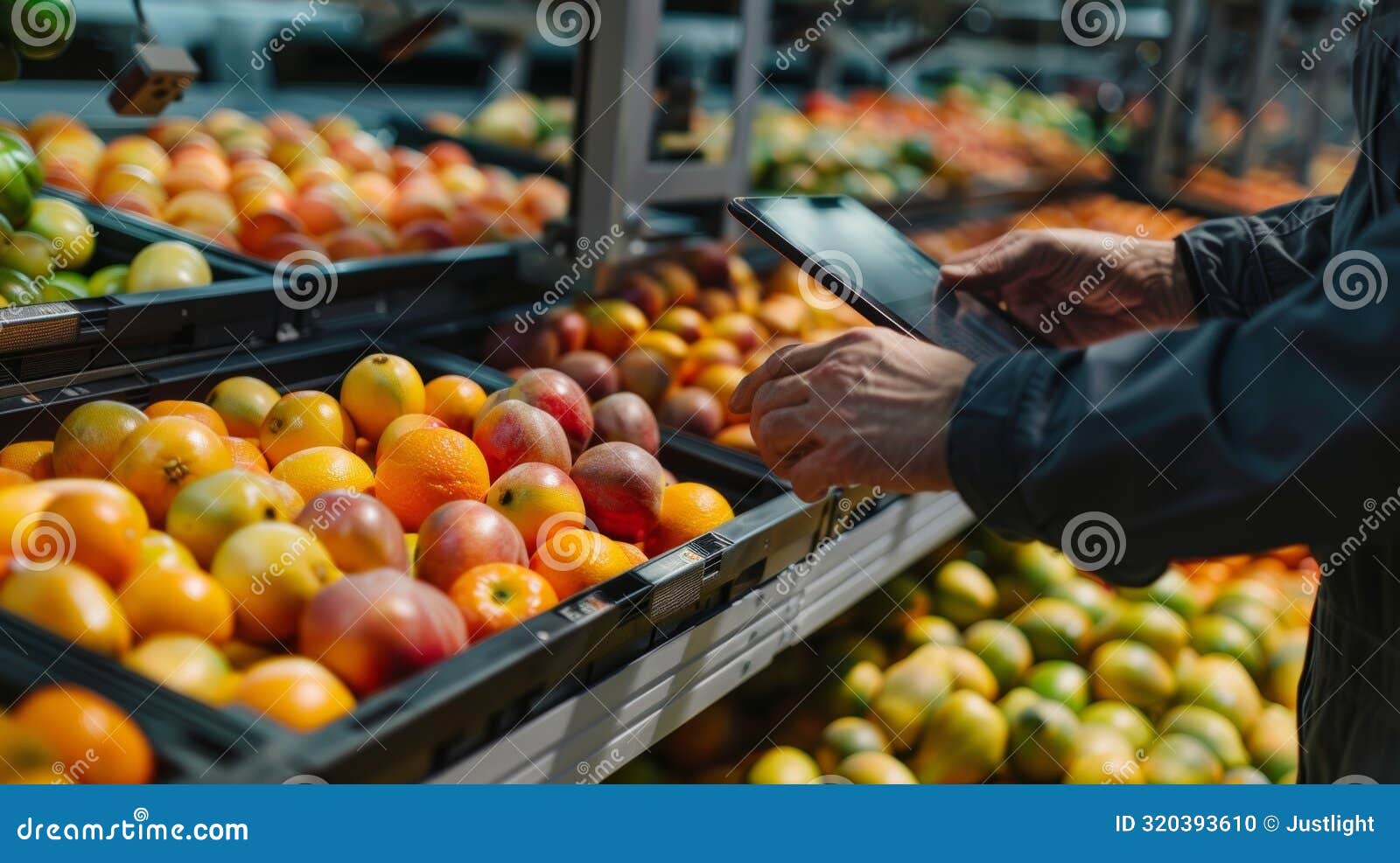 A Farmer Using A Tablet To Program The Automated Fruit Sorter With Specific Sorting Parameters