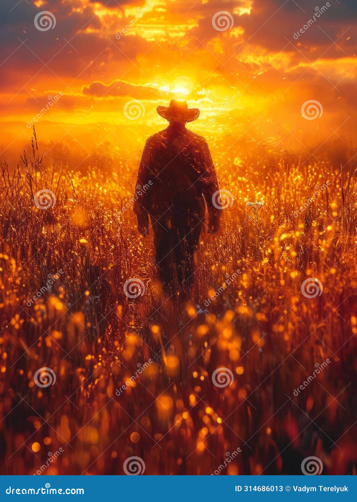 Farmer Walks through Field of Flowers at Sunset Stock Image - Image of ...