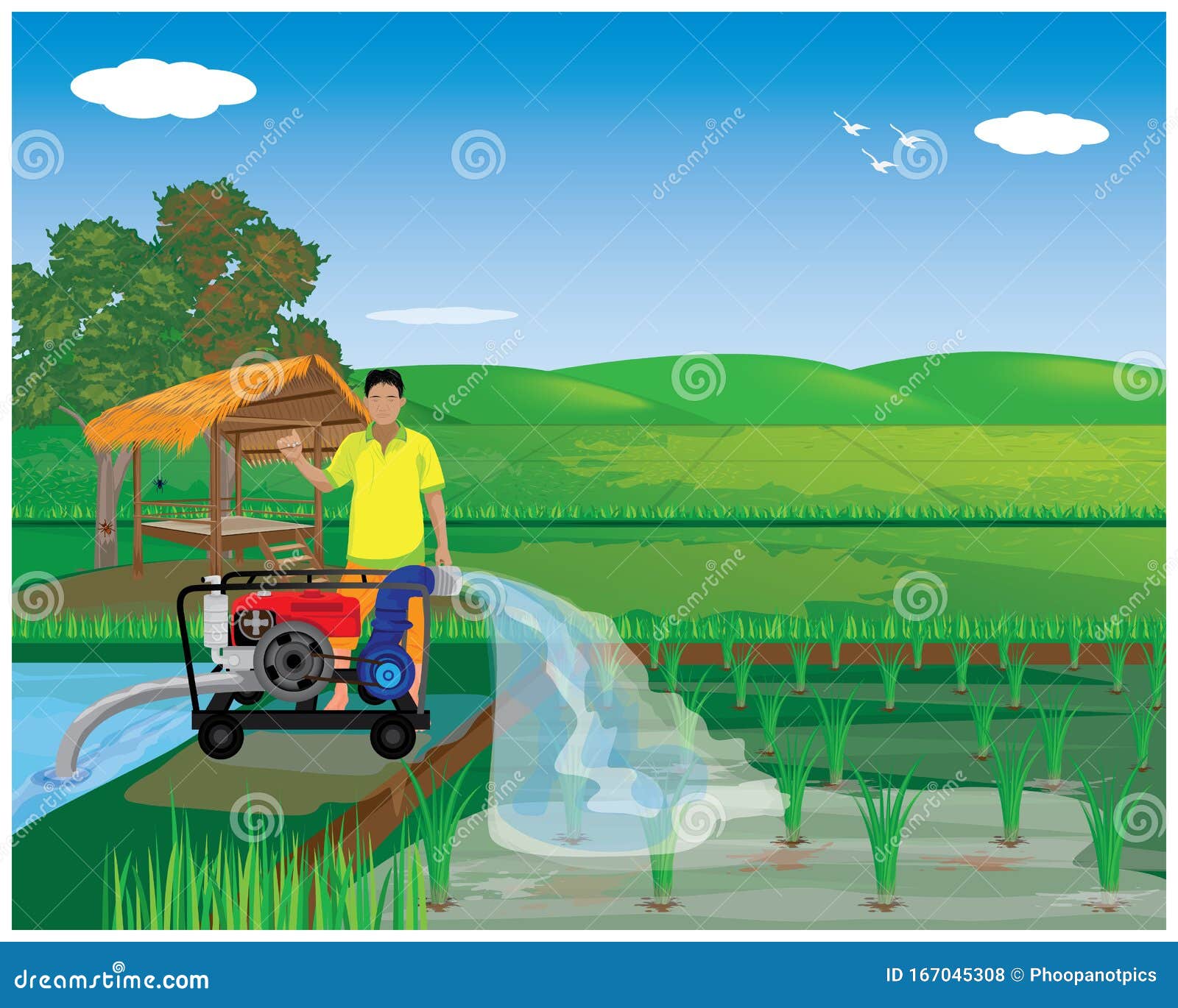 Farmer with Water Pump Machine Stock Vector - Illustration of field ...
