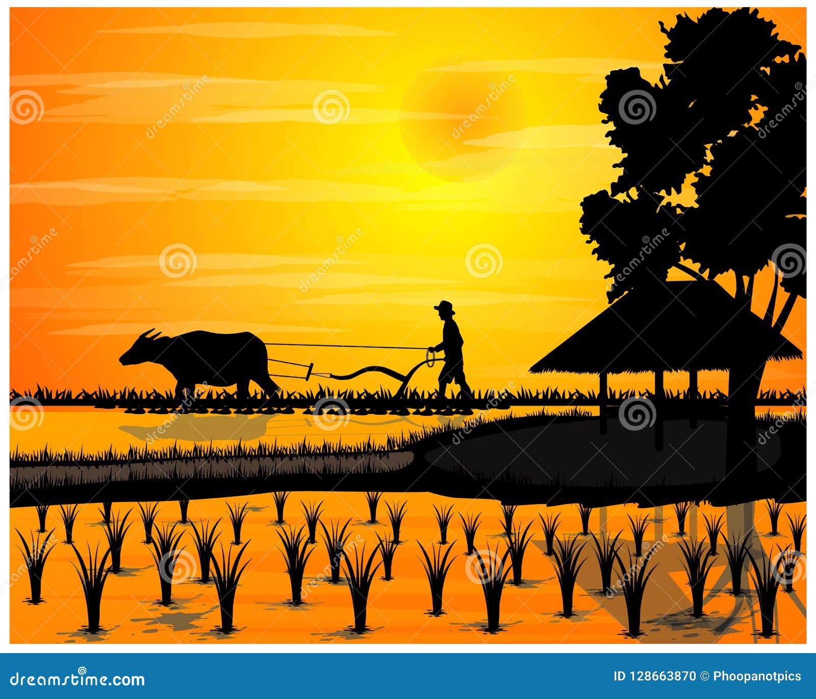 Farmer work in paddy field stock vector. Illustration of paddy - 128663870