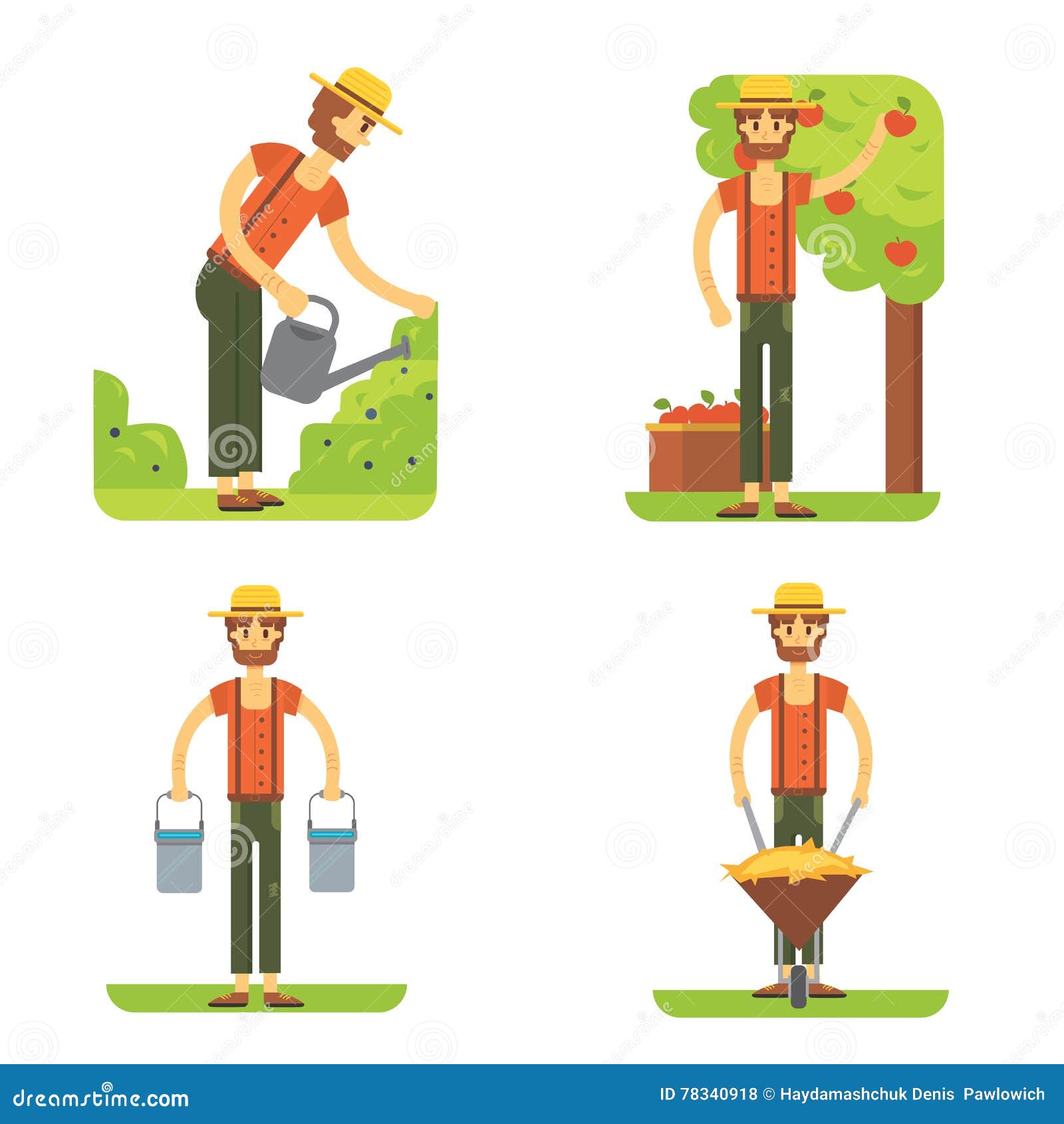 Farmer at Work Vector Flat Design. Farming Isollated Set. Stock Vector ...
