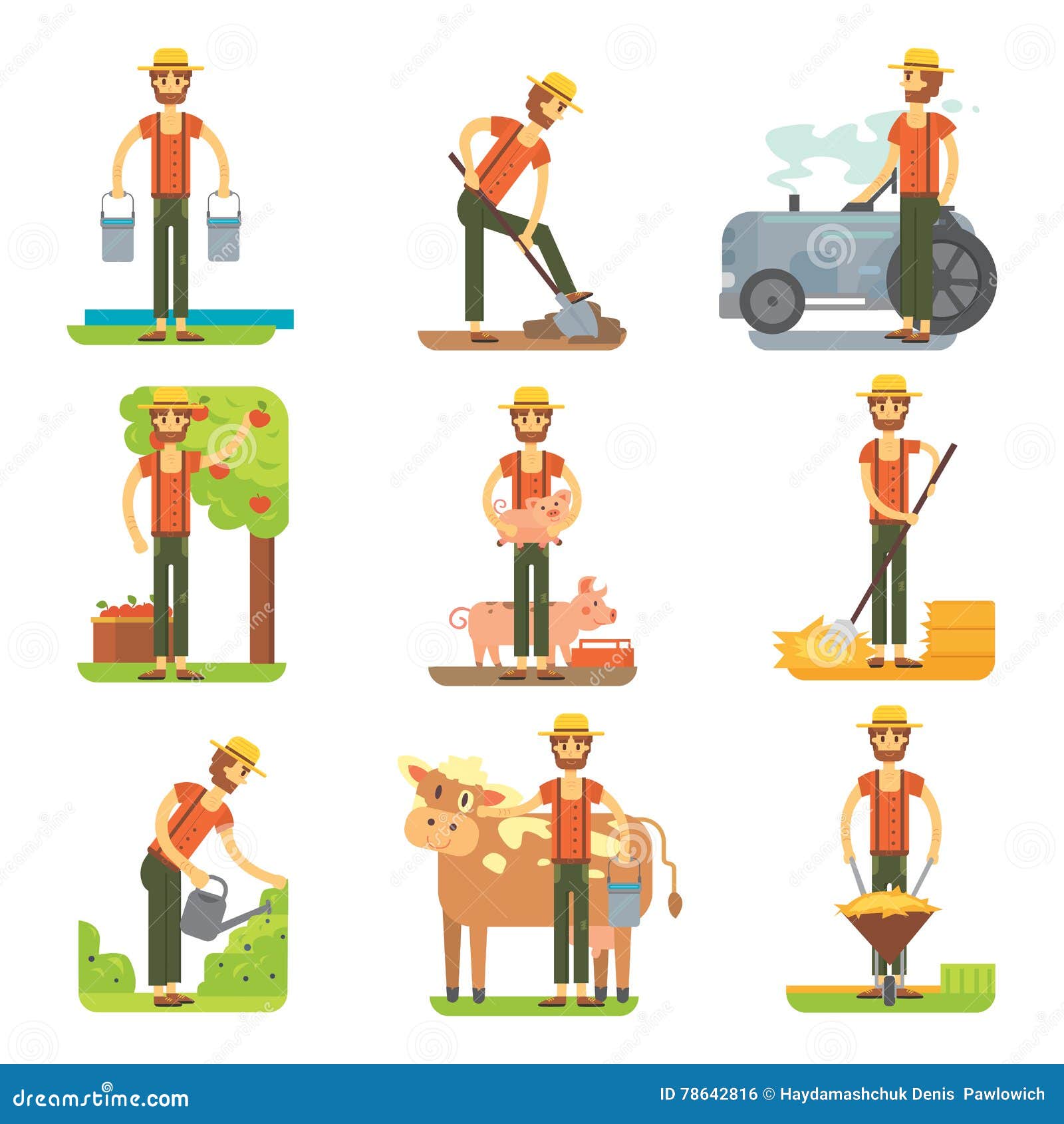Farmer at Work Vector Flat Design. Farming Isollated Set. Stock Vector ...