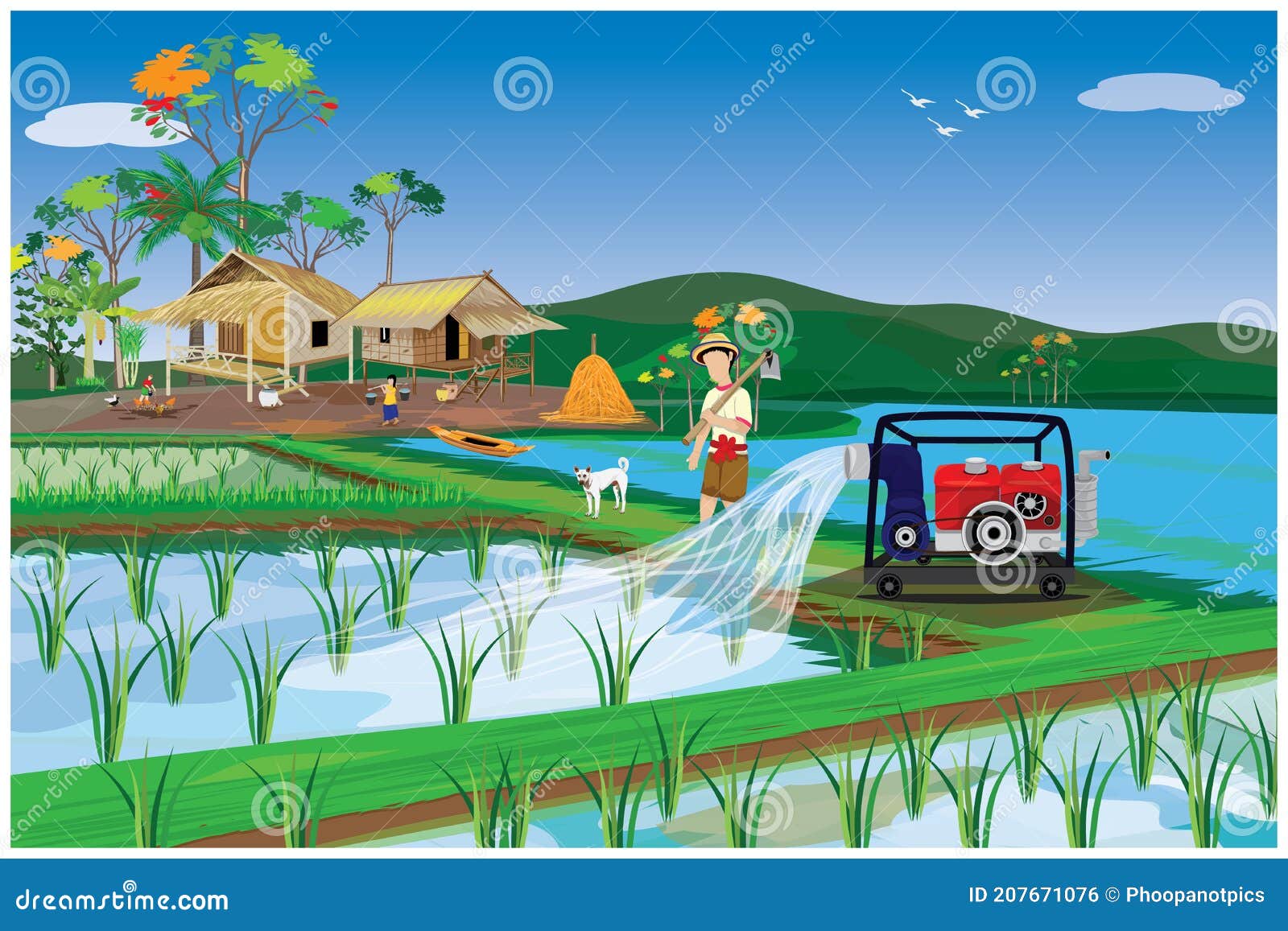 Farmer Work with Water Pump in Paddy Field Stock Vector - Illustration ...